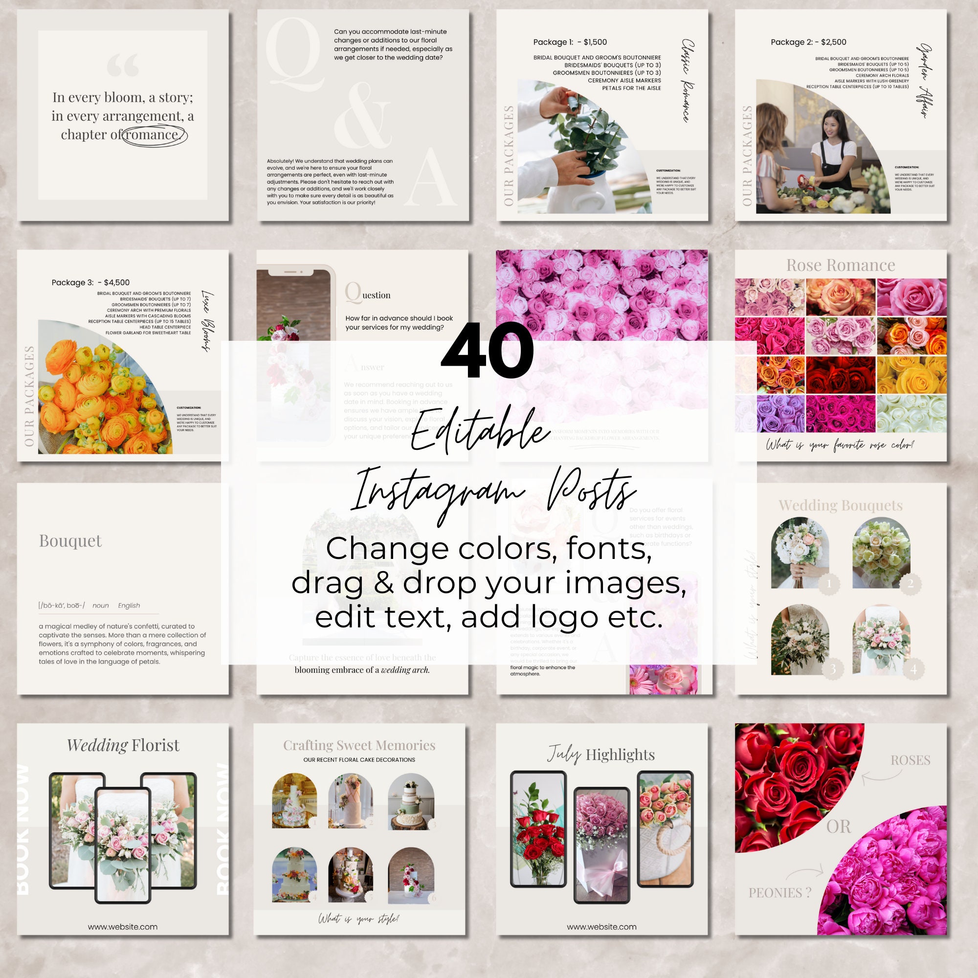 Florist Instagram Posts Canva Template, Editable Wedding Florist Social ...
