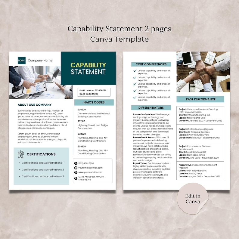 Capability Statement Canva Template Editable Capability Statement Document Government ...