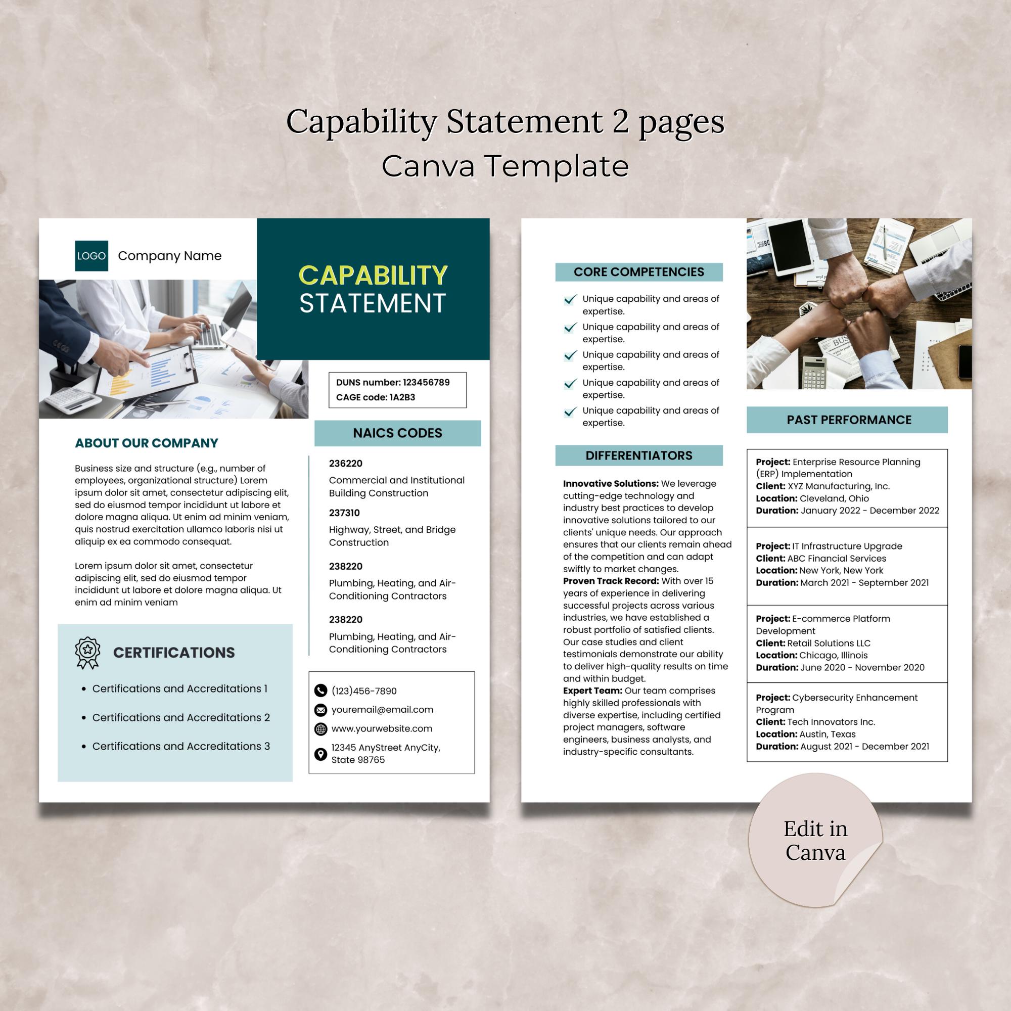Capability Statement Canva Template Editable Capability Statement Document Government ...