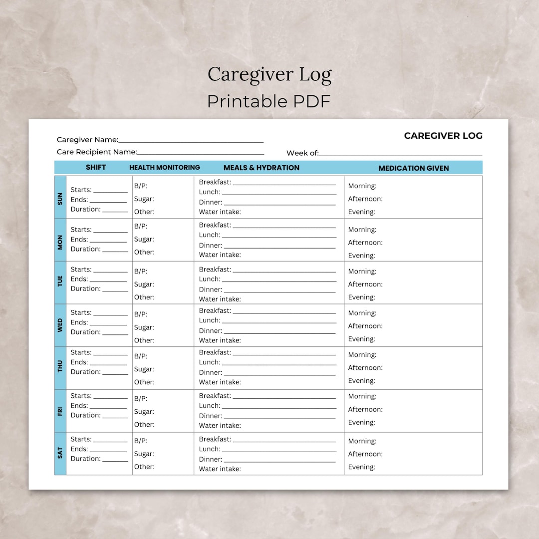 Printable Caregiver Log, Caregiver Logbook Weekly Elderly Medication ...