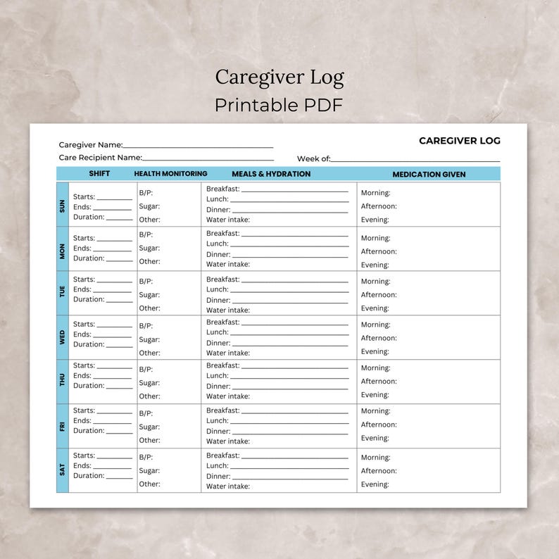 Printable Caregiver Log, Caregiver Logbook Weekly Elderly Medication ...