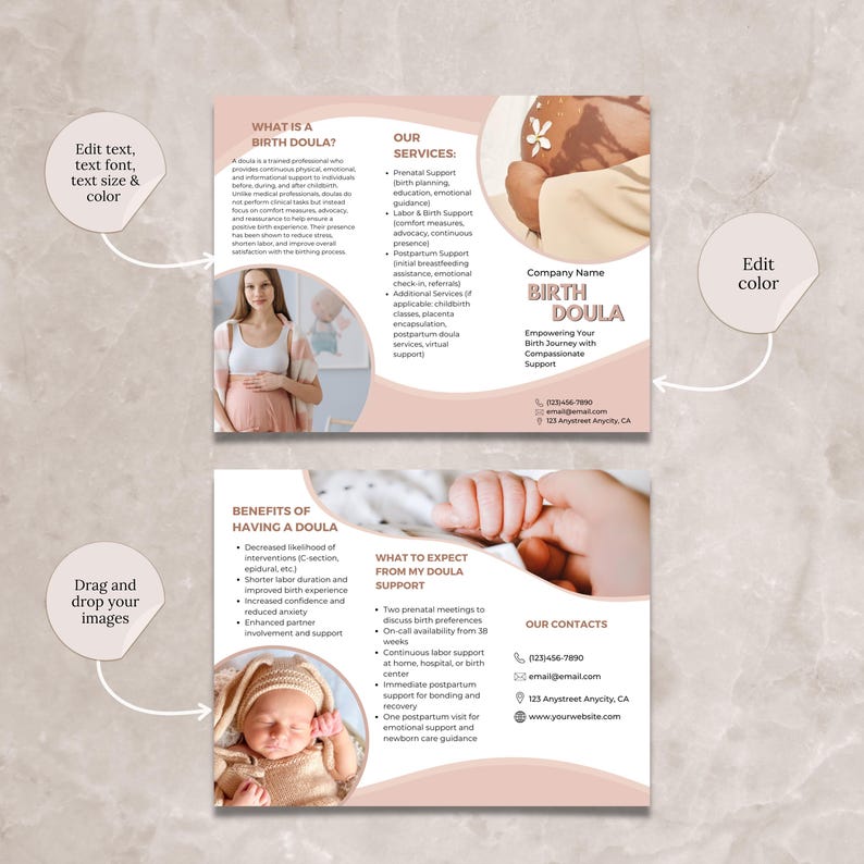 Birth Doula Brochure Template Canva Editable Doula Business Trifold ...