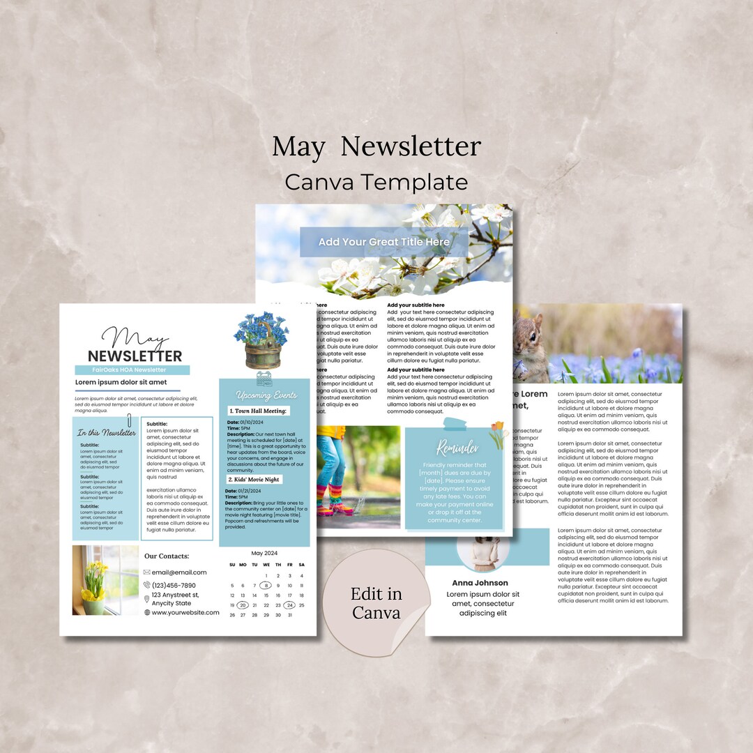May HOA Newsletter Canva Template, Editable May Month Newsletter Page ...