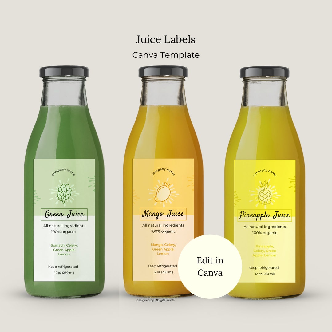 Editable Juice Bottle Labels Canva Template, Beverage Bottle Labels ...
