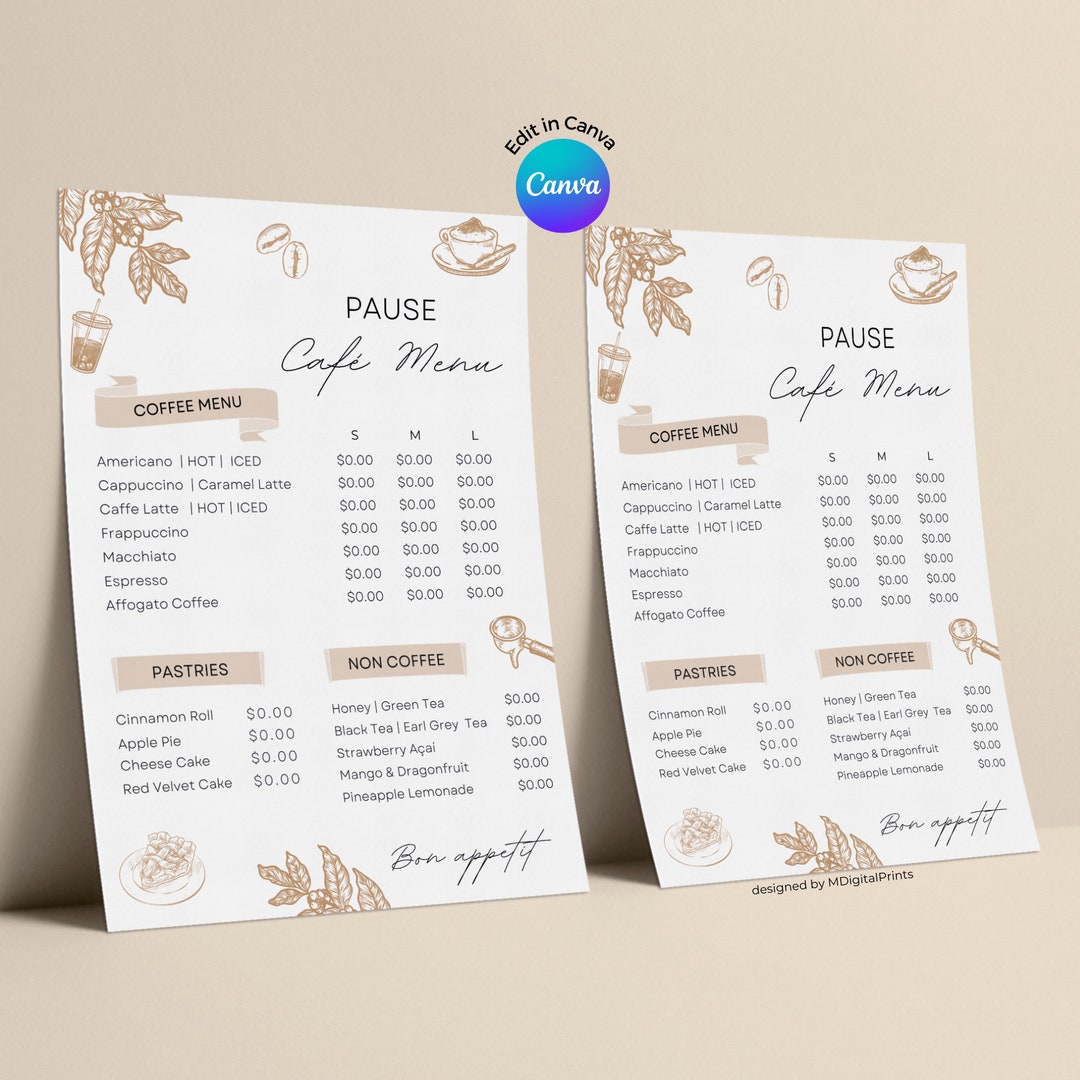 Cafe Menu Canva Template, Minimalist Coffee Shop Menu Editable Template ...
