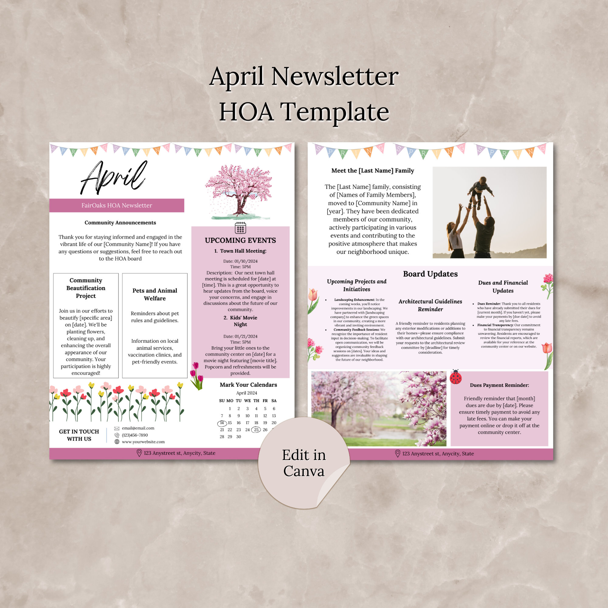 April HOA Newsletter Canva Template, Editable Spring Newsletter Pages ...