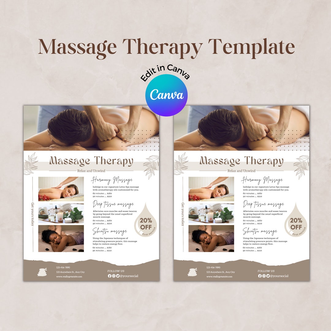 Massage Therapy Canva Template Flyer Massagist Business Flyer 85 X 11 Editable Massage