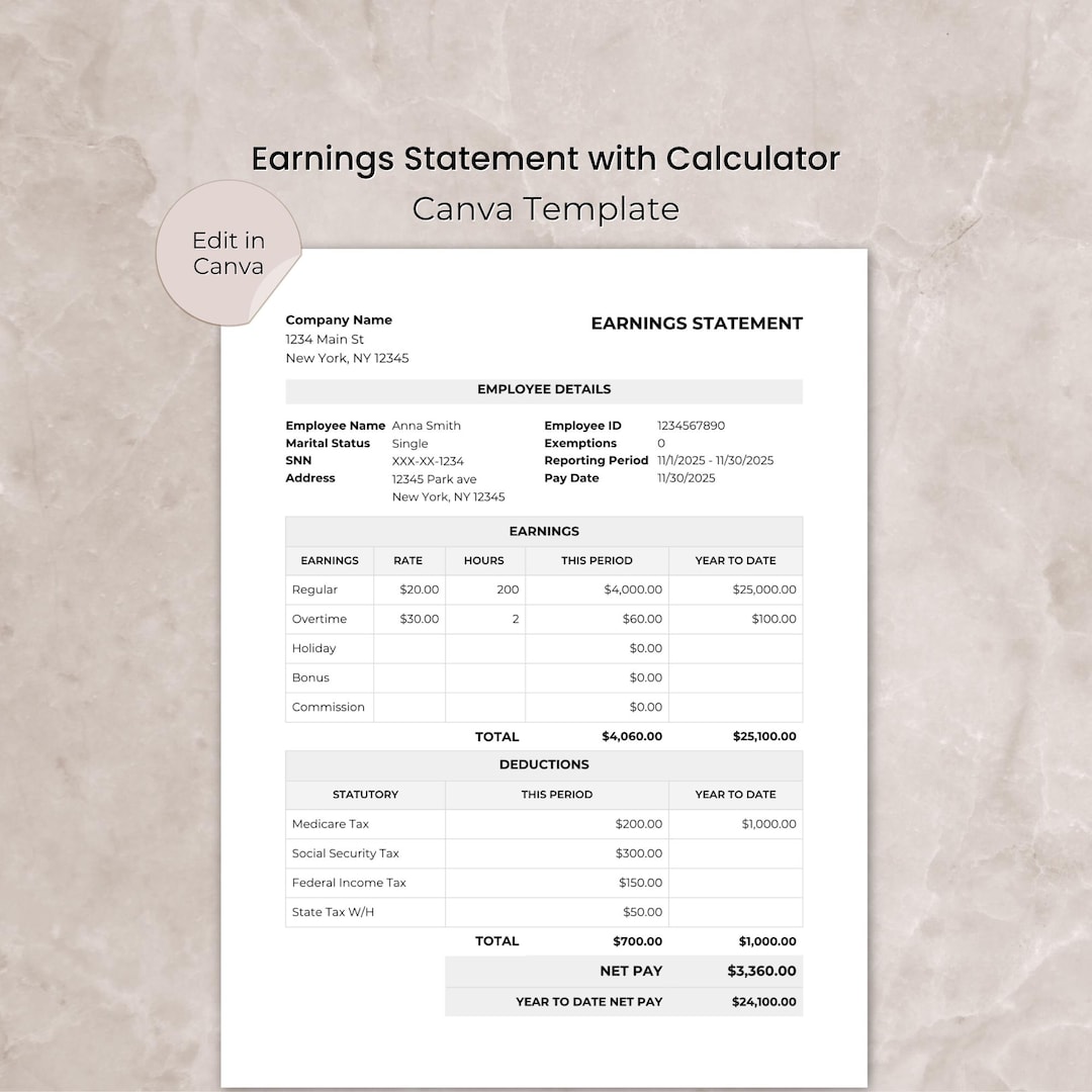 Paystub Canva, Editable Earnings Statement, Salary Slip Template ...