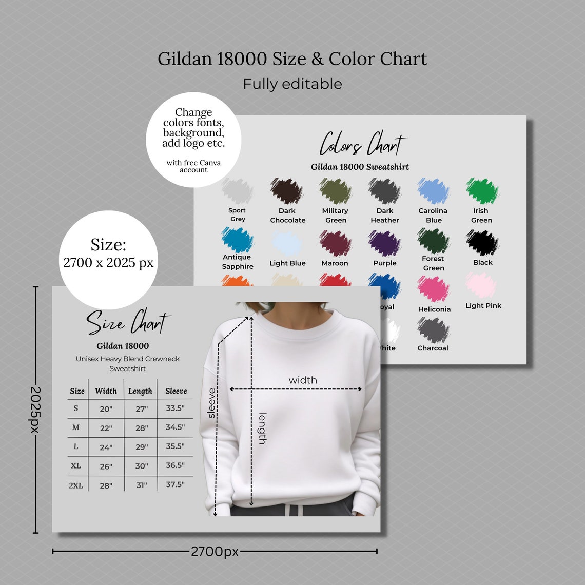 Editable Size Color Chart Canva Template, Sweatshirt Gildan 18000 Size ...