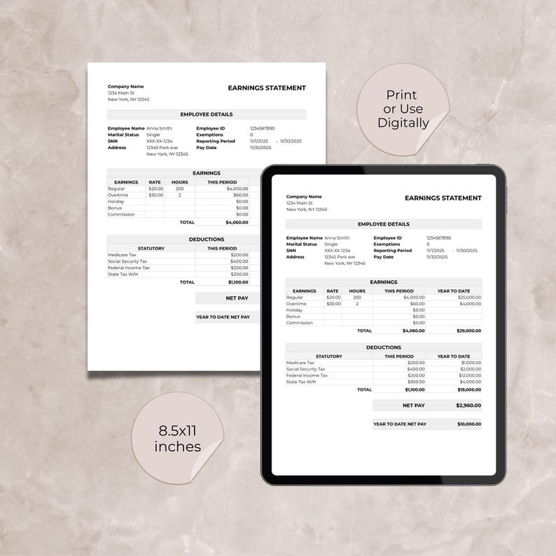 Paystub Template Google Sheets, Editable Earnings Statement Download as ...