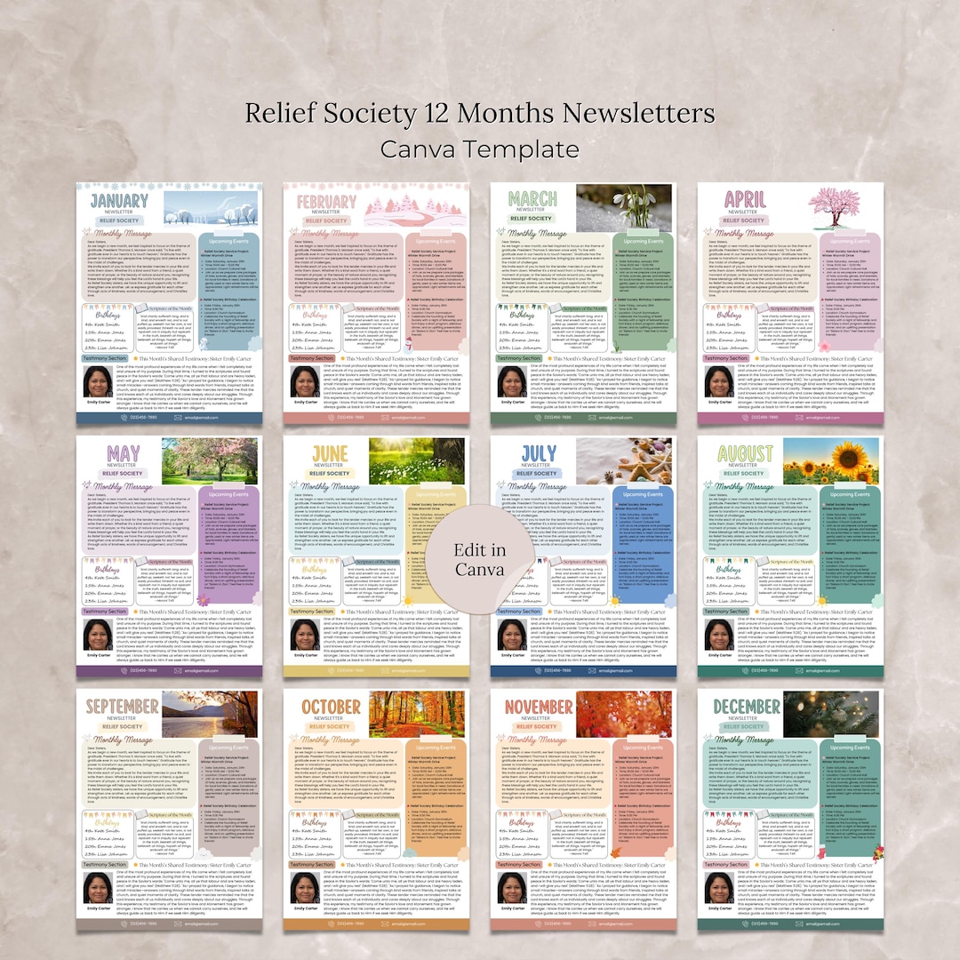 Relief Society Newsletter Template Canva, Editable 12 Months Relief ...