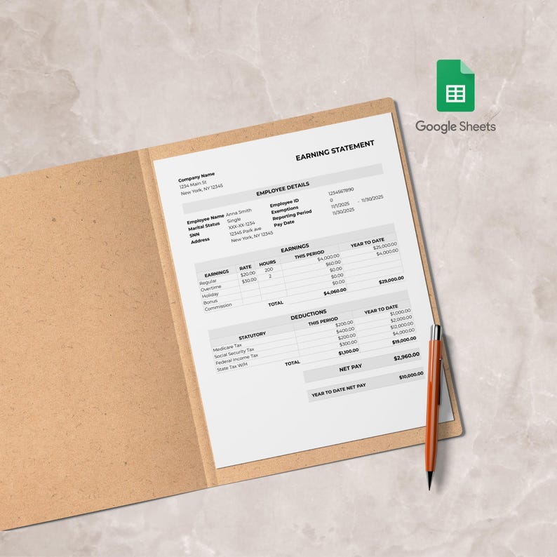 Paystub Template Google Sheets, Editable Earnings Statement Download as ...