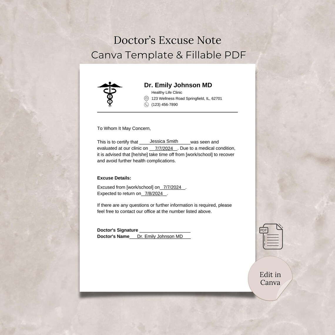 Doctors Excuse Note Template Canva, Editable Doctor Excuse for Work ...