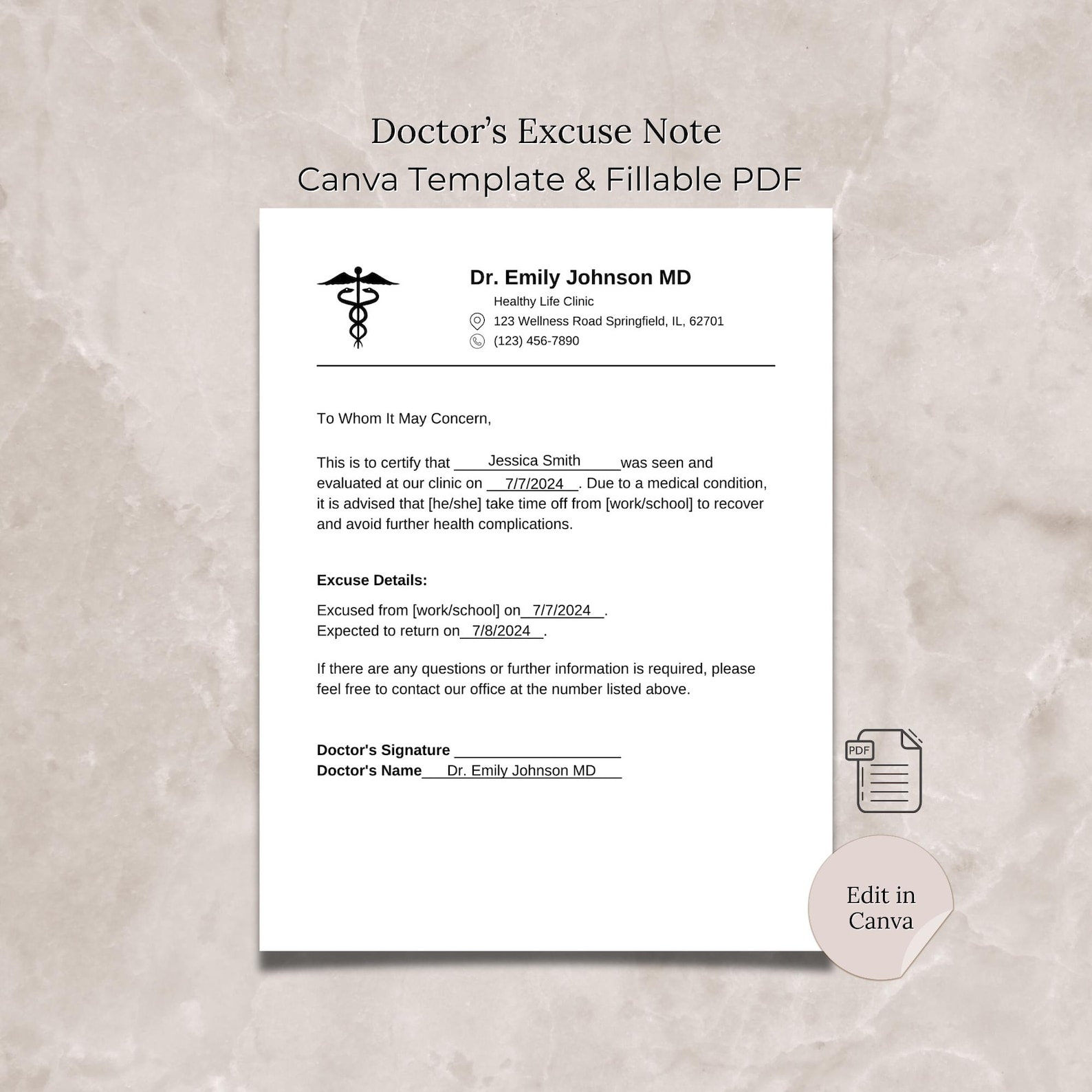 Doctors Excuse Note Template Canva, Editable Doctor Excuse for Work ...