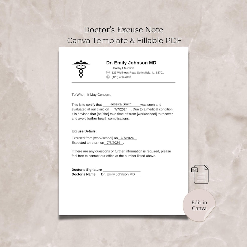 Doctors Excuse Note Template Canva, Editable Doctor Excuse for Work ...