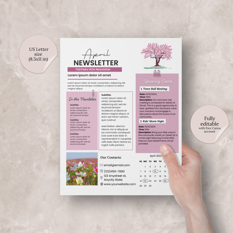 April HOA Newsletter Canva Template, Editable Spring Newsletter Pages ...