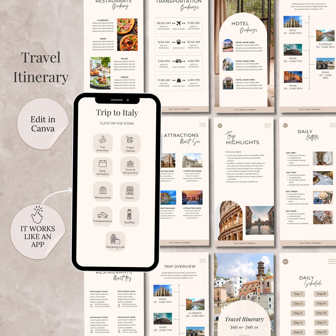 Travel Itinerary Canva Template Digital Mobile Travel Planner Editable ...