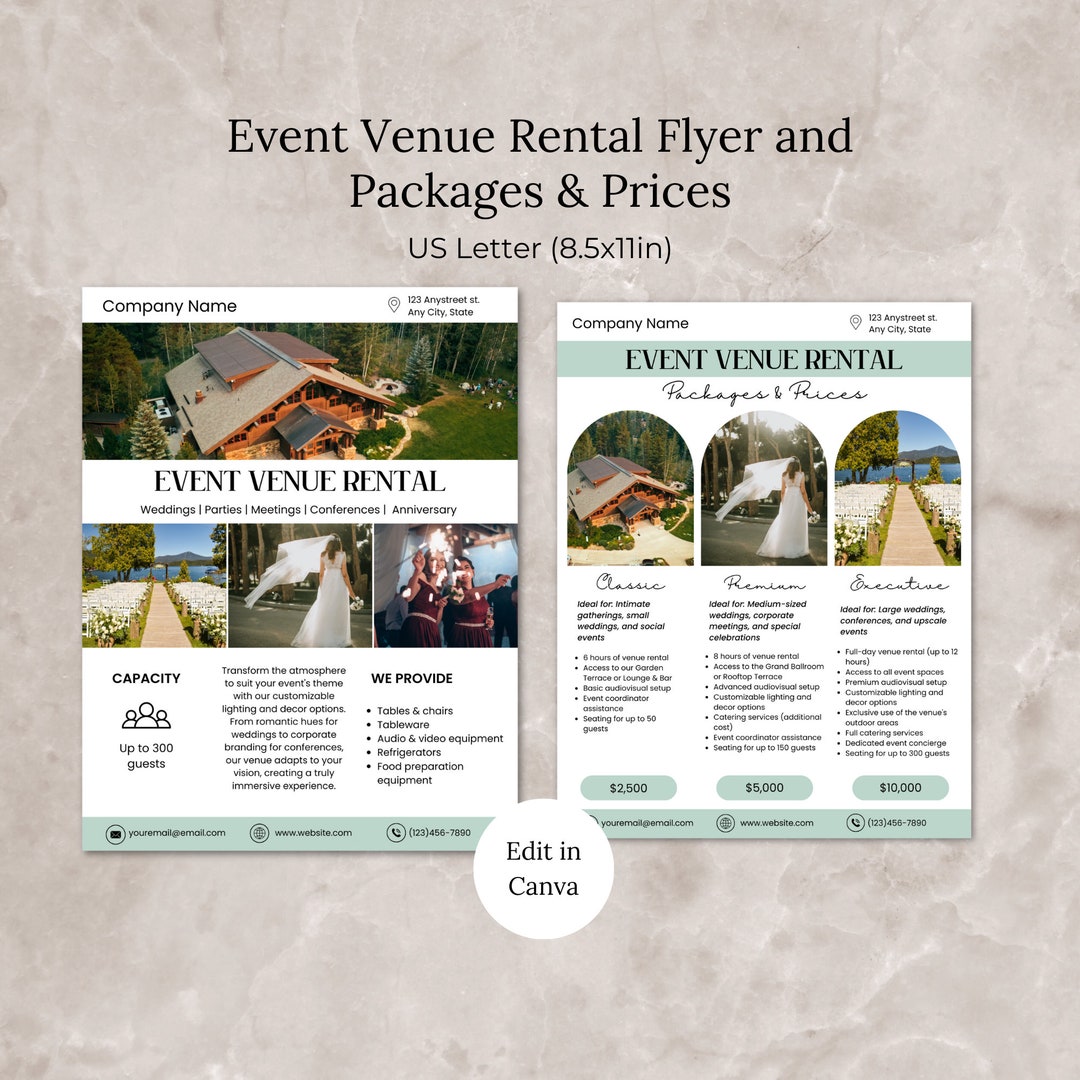 Event Venue Rental Flyer Canva Template, Venue Rental Packages Prices ...