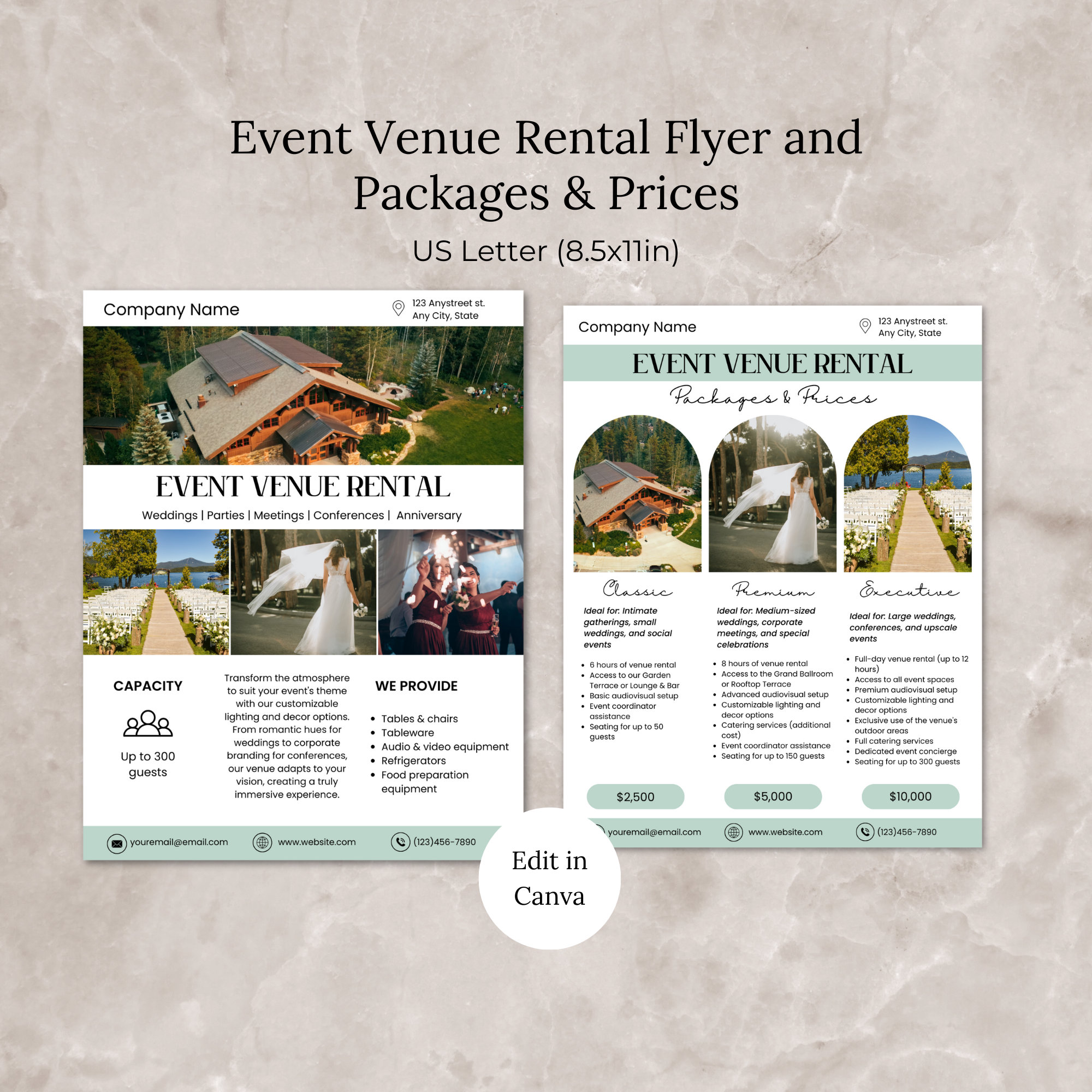 Event Venue Rental Flyer Canva Template, Venue Rental Packages Prices ...