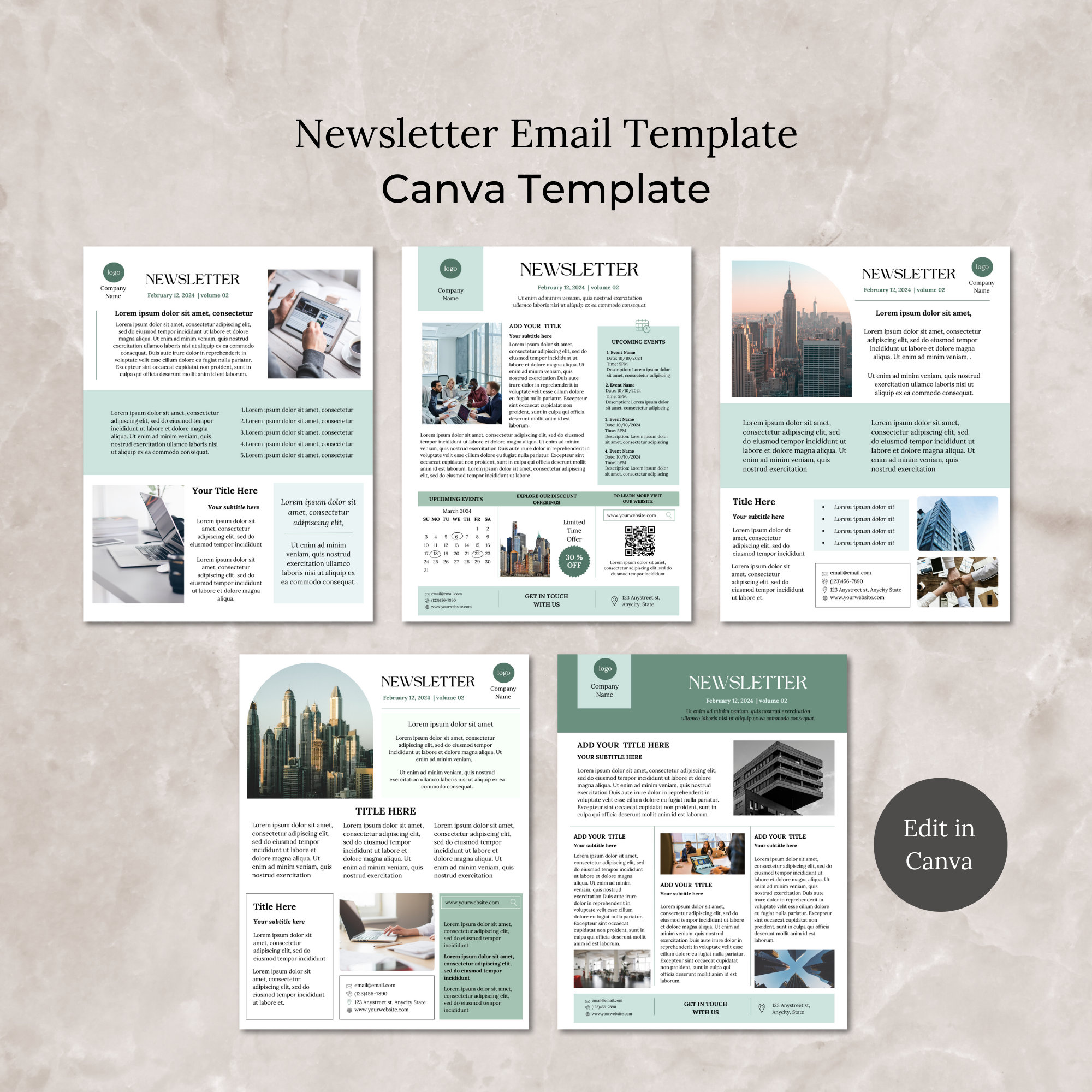 Newsletter Email Template Canva, Sage Green Editable Business Monthly ...