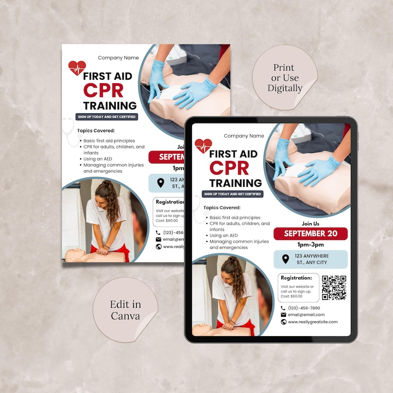 CPR Flyer Template Canva, First Aid Training Flyer, CPR Training Poster ...