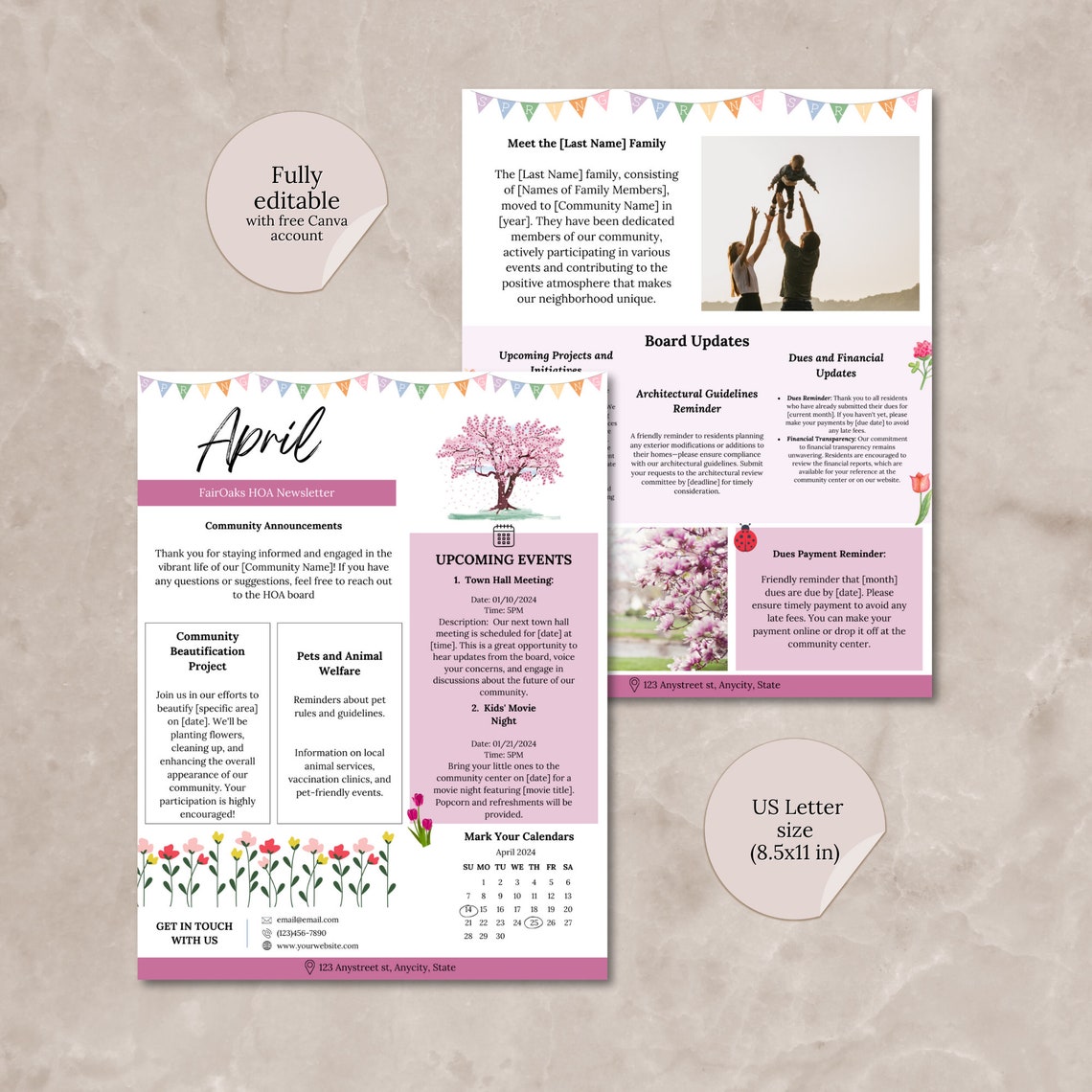 April HOA Newsletter Canva Template, Editable Spring Newsletter Pages ...
