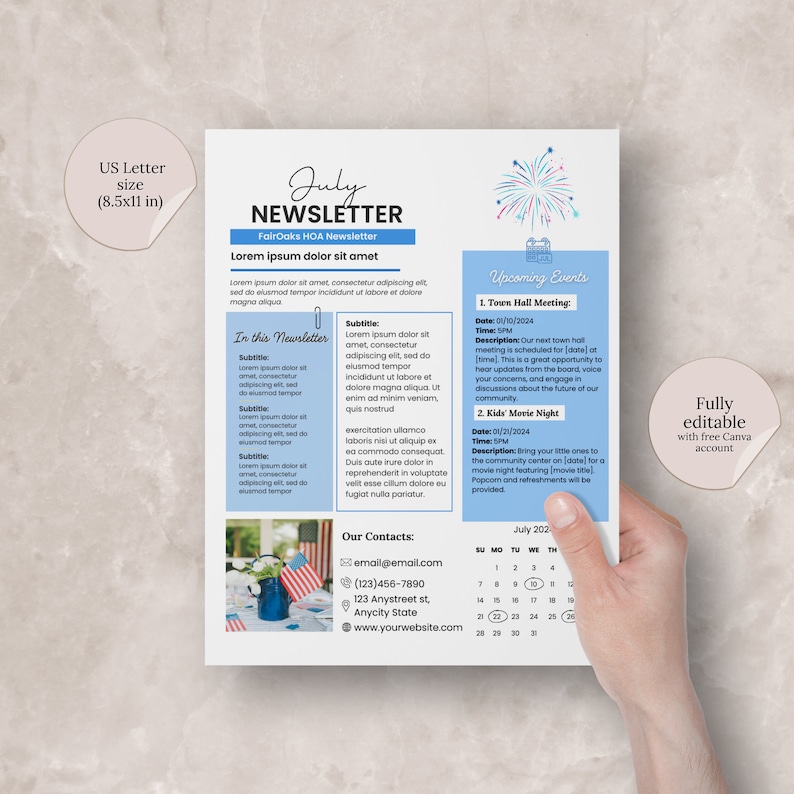 July HOA Newsletter Canva Template, Editable July Month Newsletter Page ...