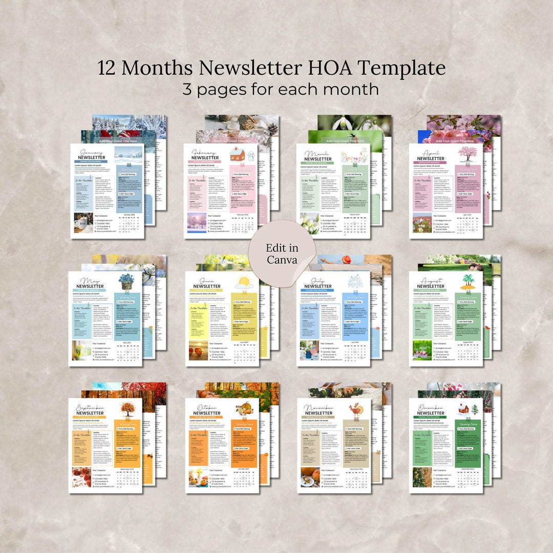 HOA Monthly Newsletter Canva Template, Editable Full Year 2026 ...
