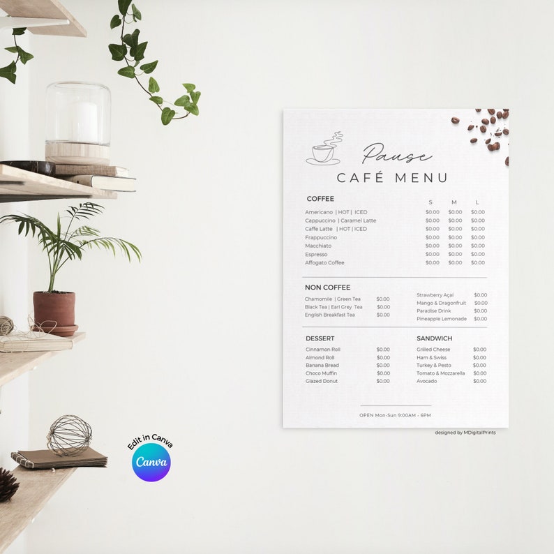 Cafe Menu Canva Template, Coffee Shop Menu Editable Template, Coffee ...