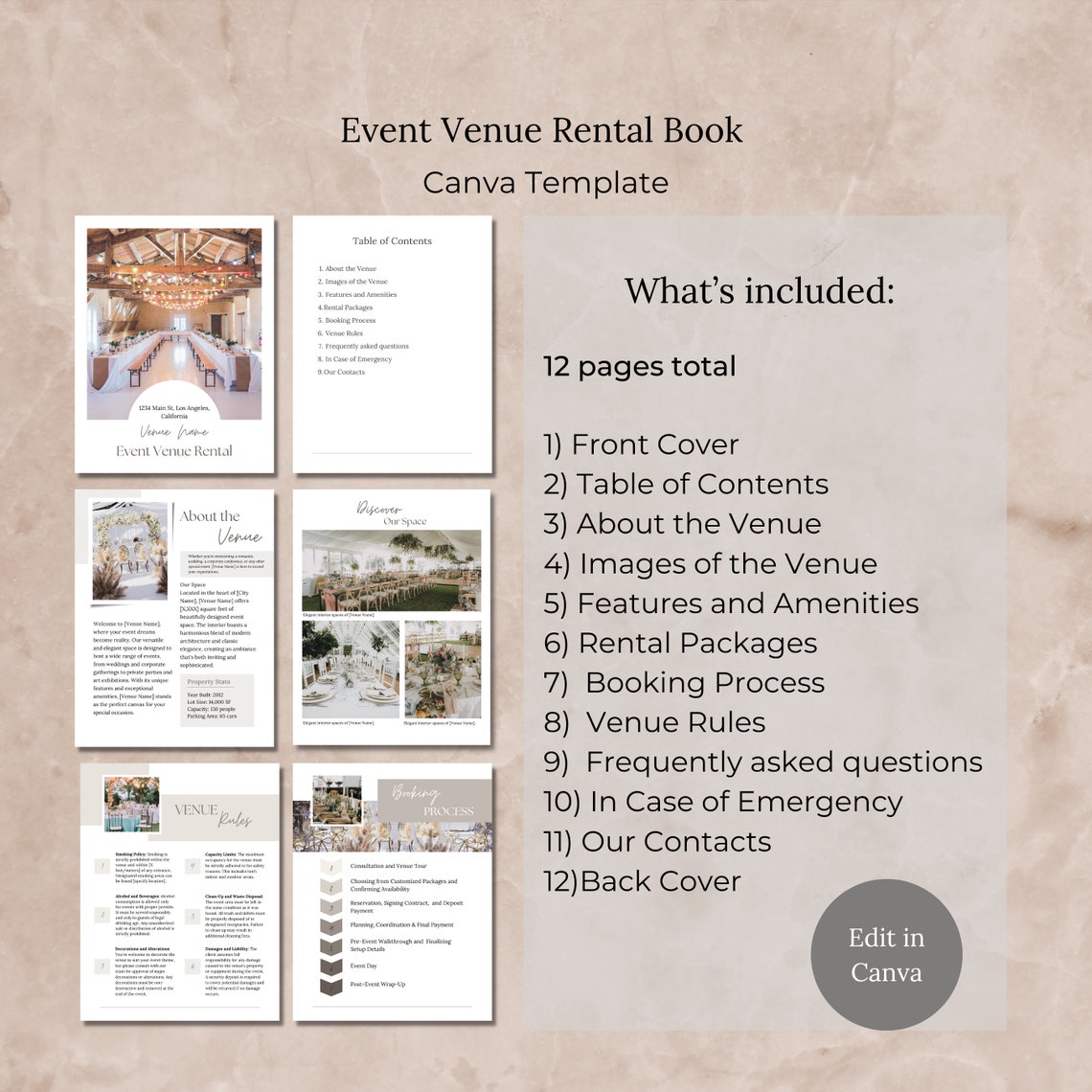 Event Venue Rental Book Canva Template, Editable Venue Rental Business ...