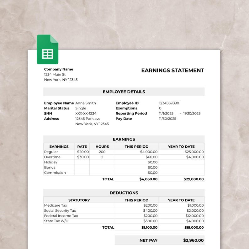 Paystub Template Google Sheets, Editable Earnings Statement Download as ...