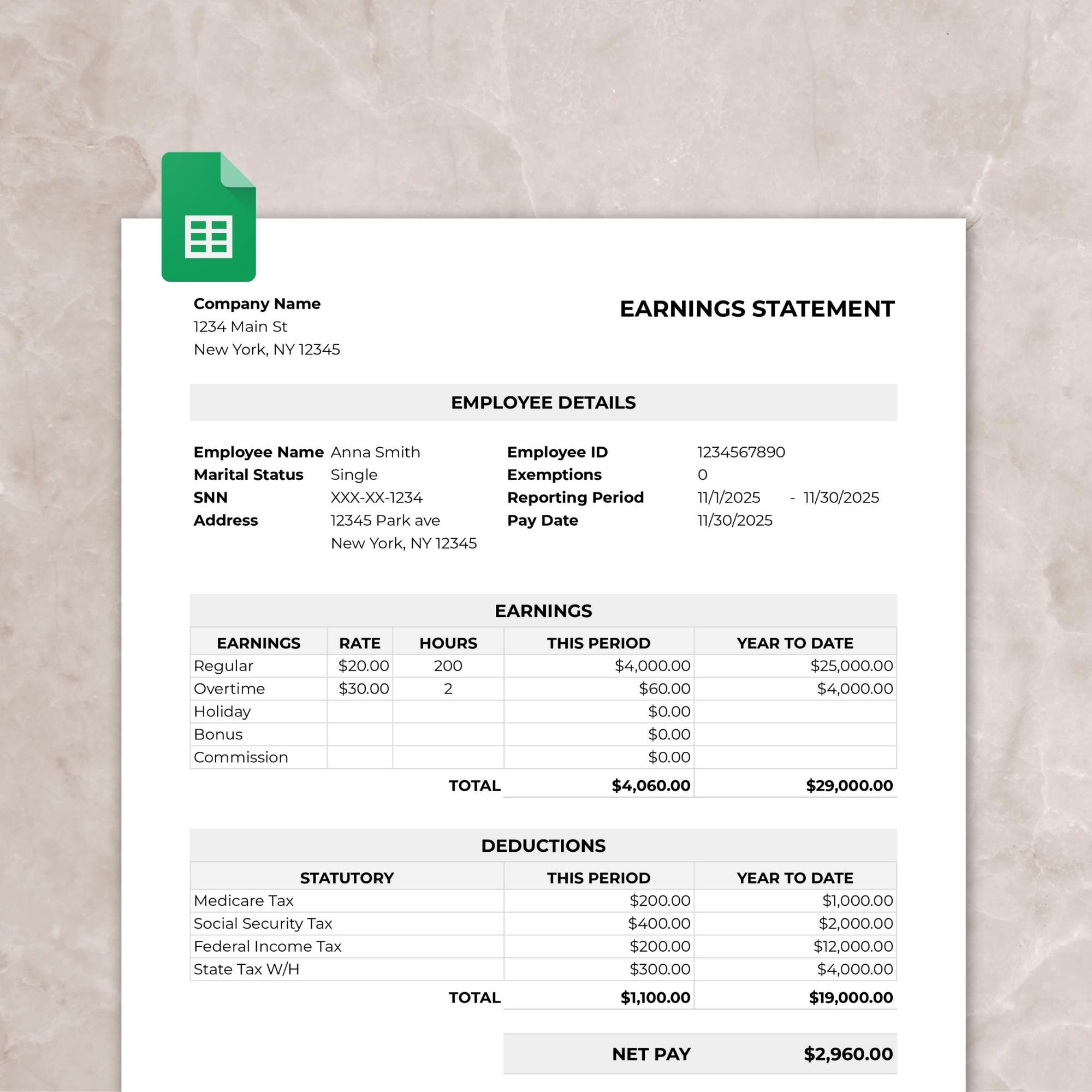 Paystub Template Google Sheets, Editable Earnings Statement Download as ...