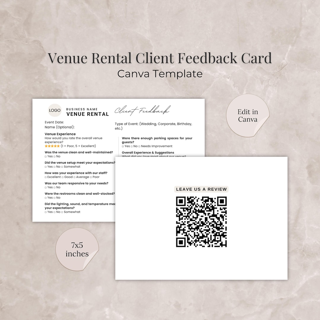 Event Venue Rental Client Feedback Card Template Canva, Editable Venue ...