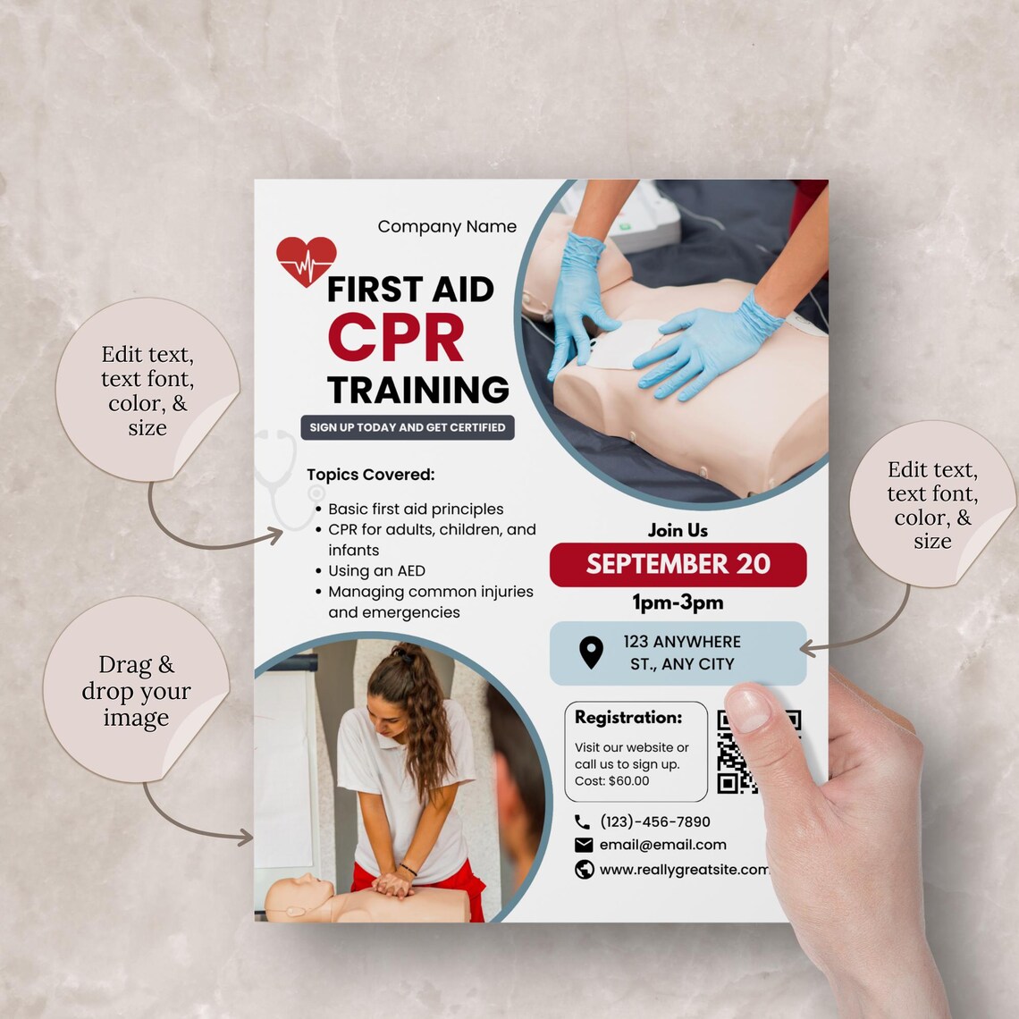 CPR Flyer Template Canva, First Aid Training Flyer, CPR Training Poster ...