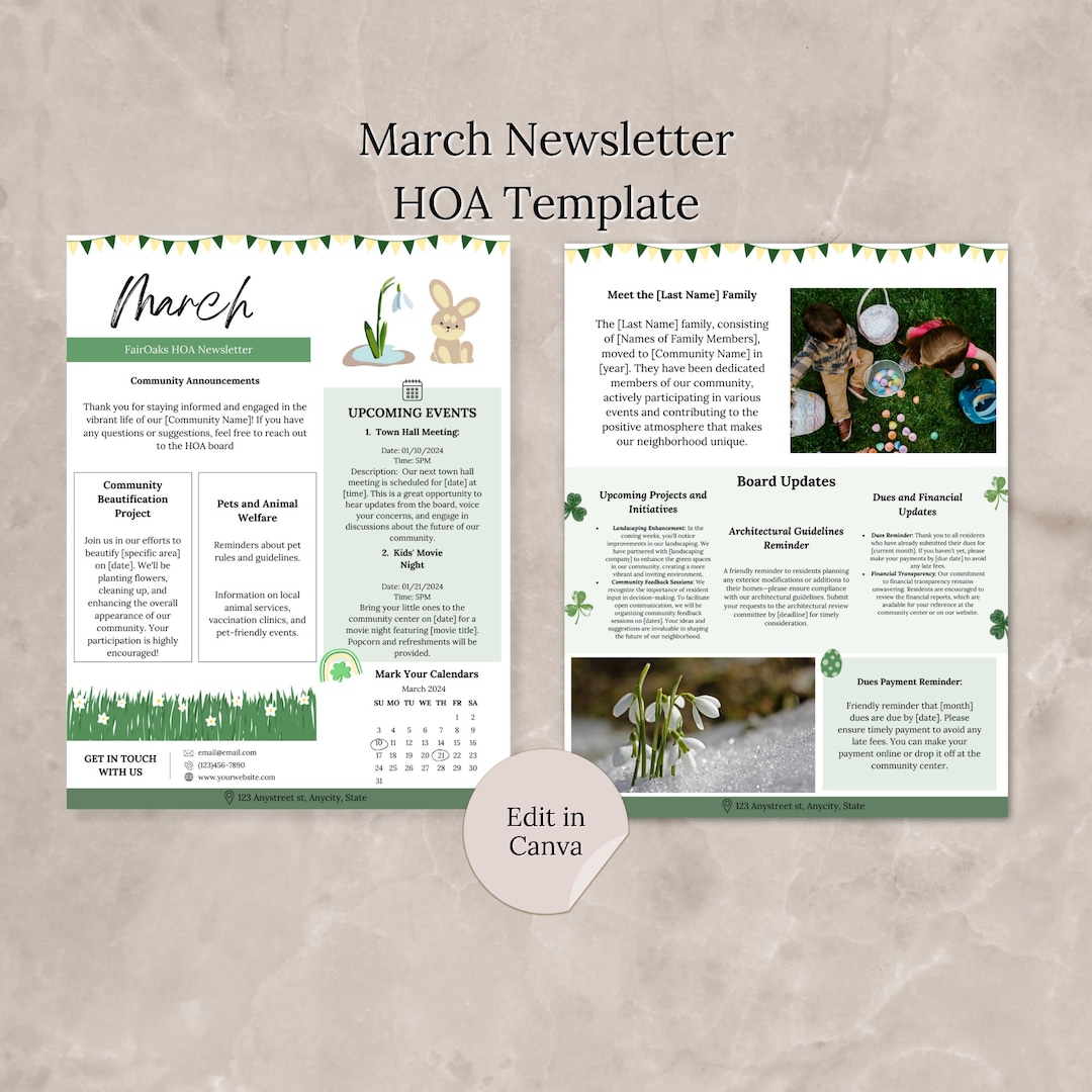 March HOA Newsletter Canva Template, Editable Easter Month Newsletter ...