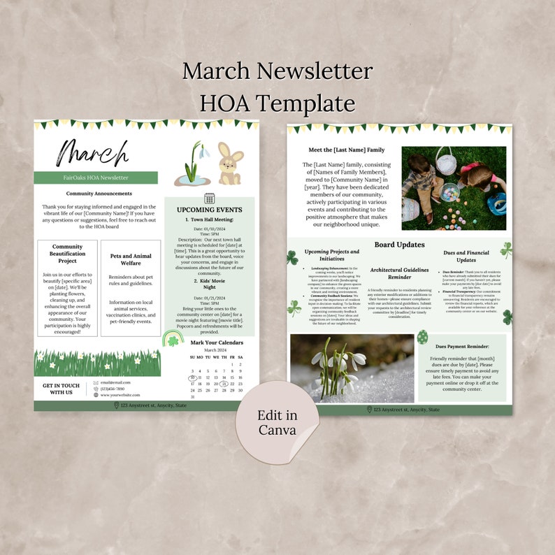 March HOA Newsletter Canva Template, Editable Easter Month Newsletter ...