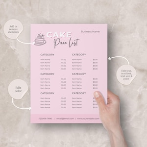 Cake Price List Template Canva Editable Bakery Price List Pink Cake ...