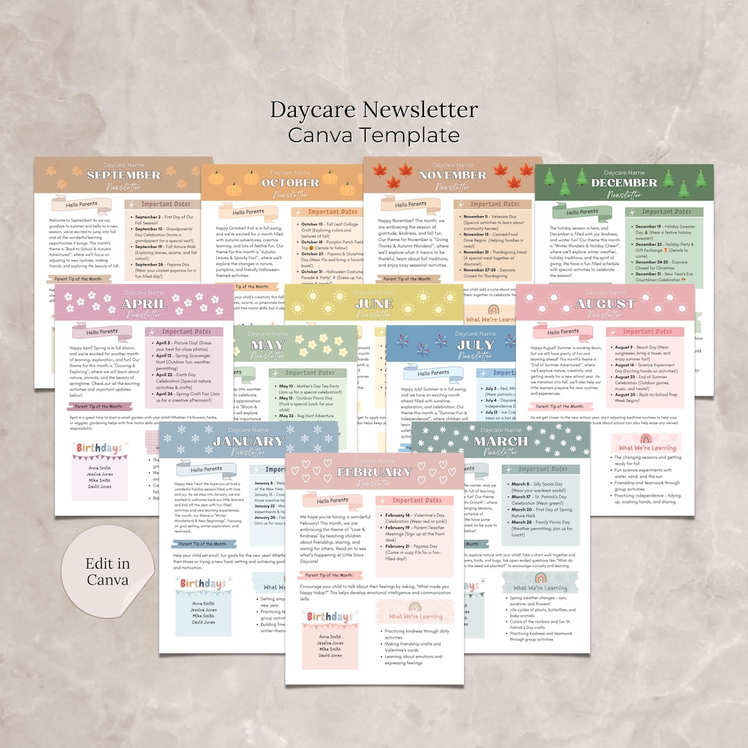 Daycare Monthly Newsletter Canva Template, Editable Preschool ...