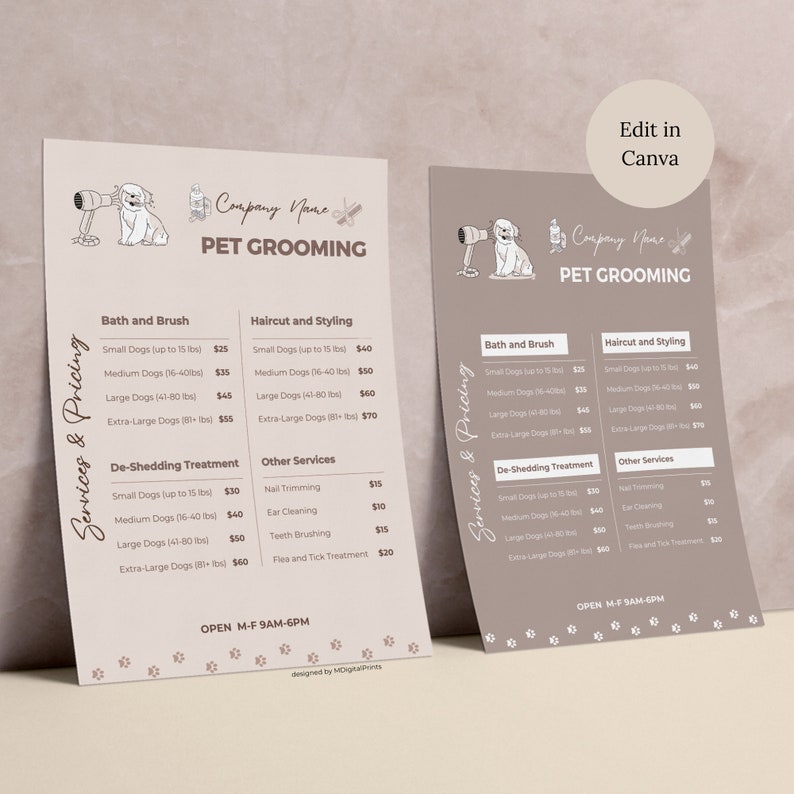 Pet Salon Grooming Price List Canva Template, Pet Groomer Editable ...