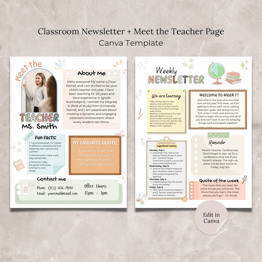 Meet the Teacher Template Canva, Classroom Newsletter Template ...