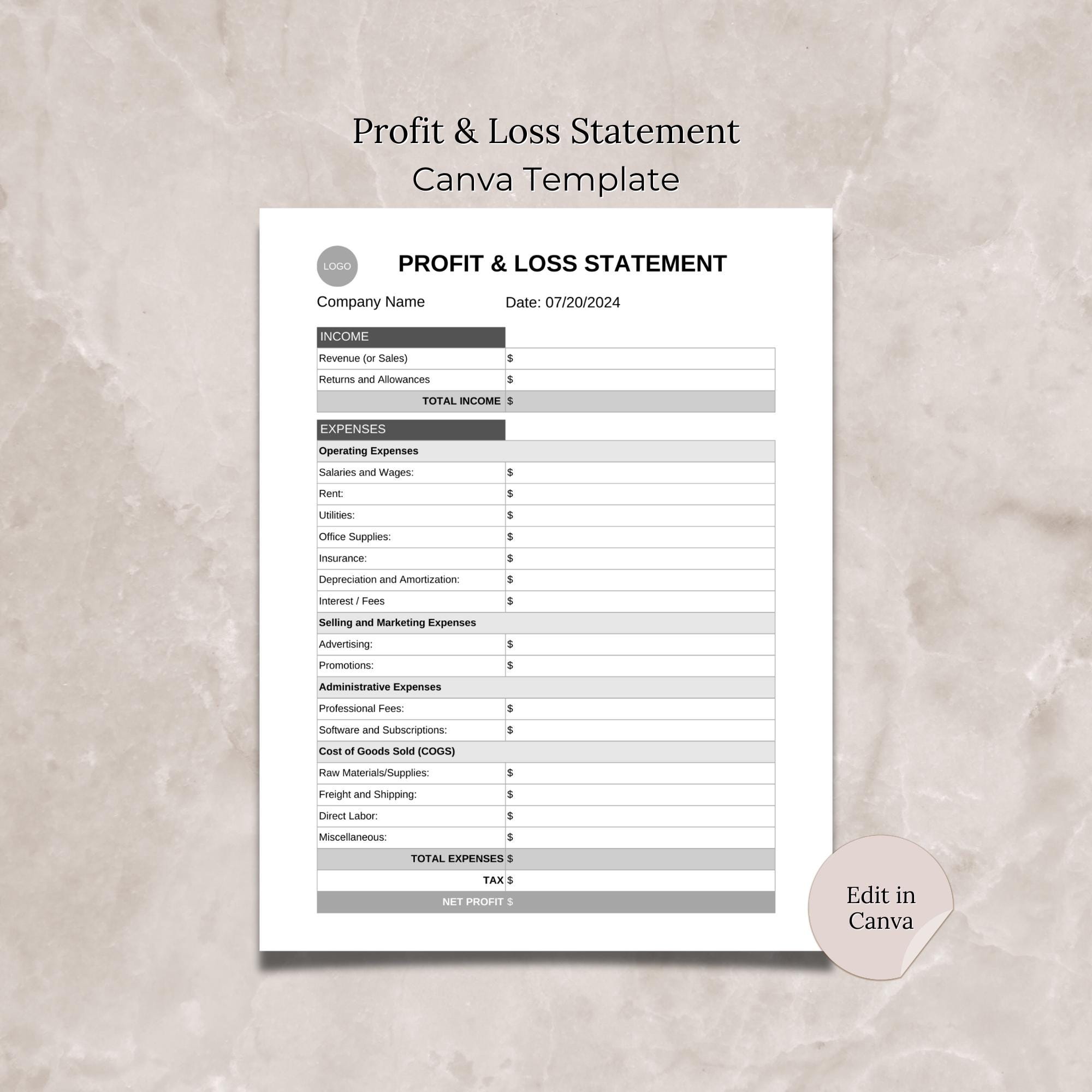 Profit & Loss Statement Template Canva, Editable Company Income ...