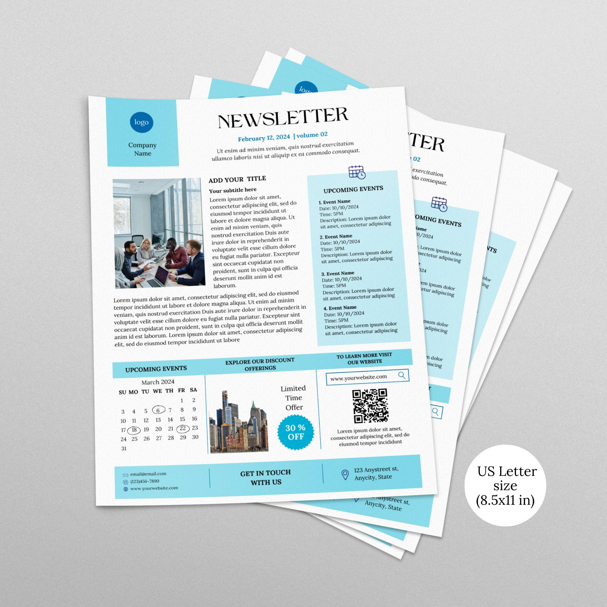 Newsletter Email Template Canva, Blue Editable Business Monthly ...