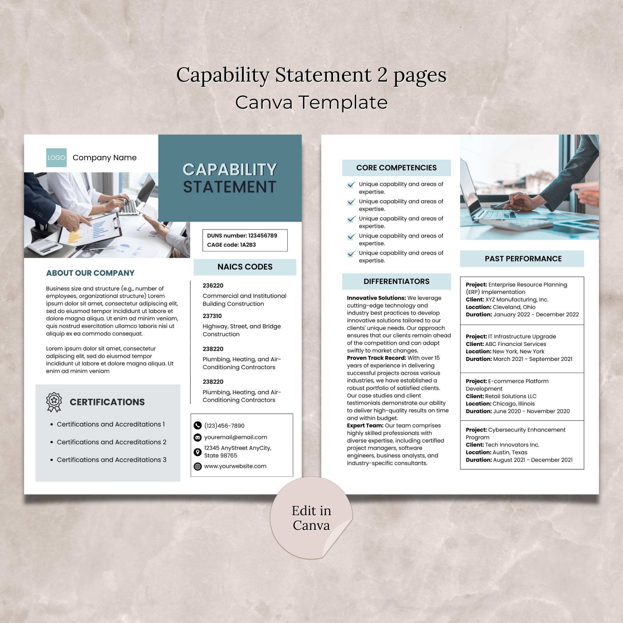 Capability Statement Canva Template Editable Capability Statement ...