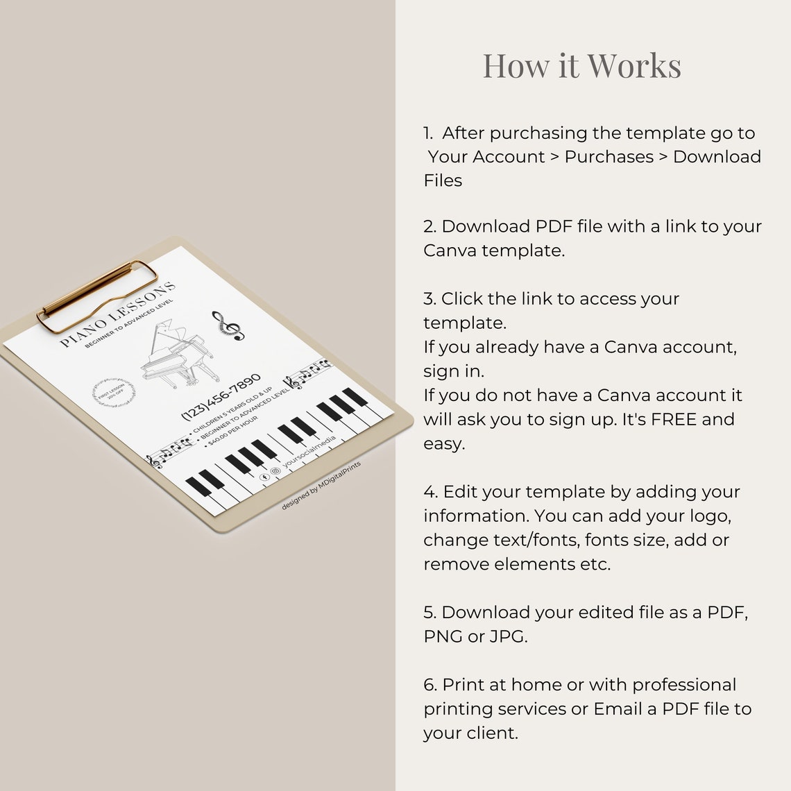 Piano Lessons Flyer Canva Template, Piano Teacher Editable Flyer, Music ...