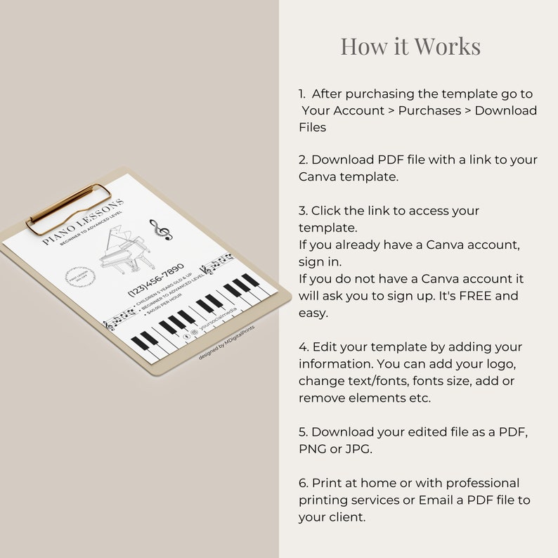 Piano Lessons Flyer Canva Template, Piano Teacher Editable Flyer, Music ...