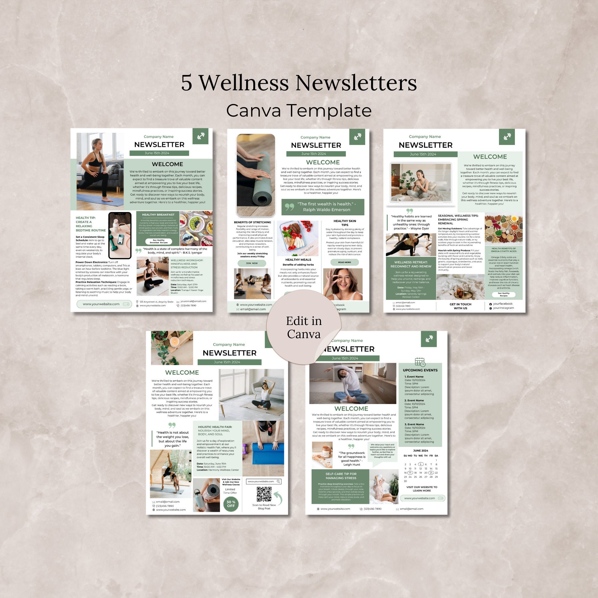 Wellness Newsletter Email Template Canva Sage Green Editable Business ...