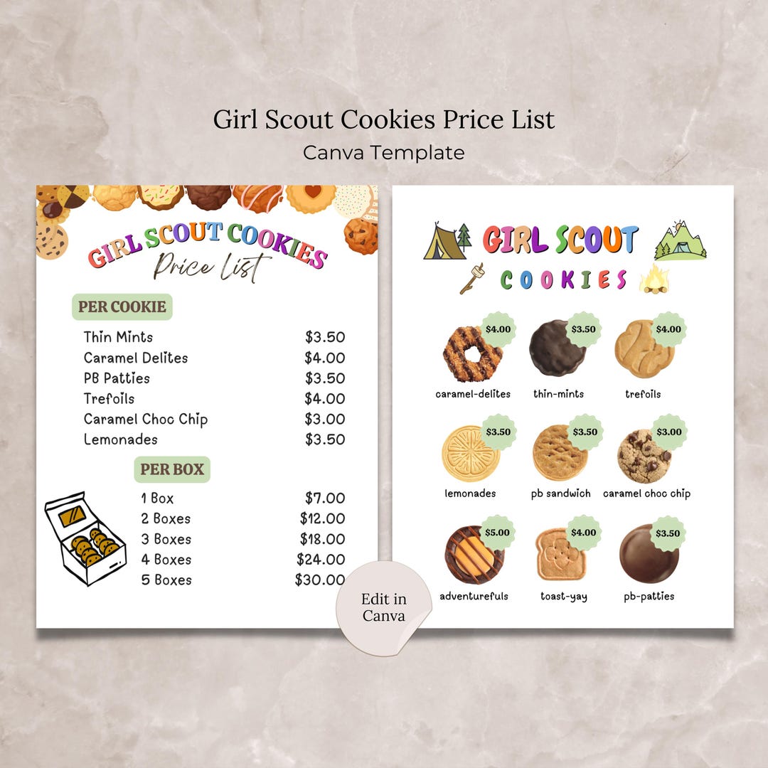 Girl Scout Cookies Price List Menu Template Canva Editable LBB Scout ...