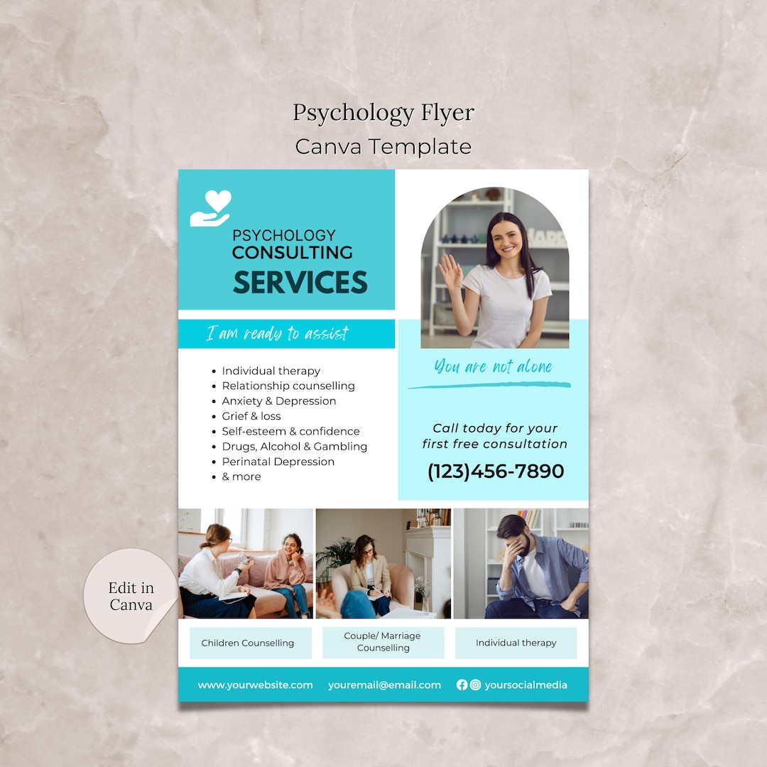 Psychology Flyer Canva Template, Editable Counseling Therapist Template ...