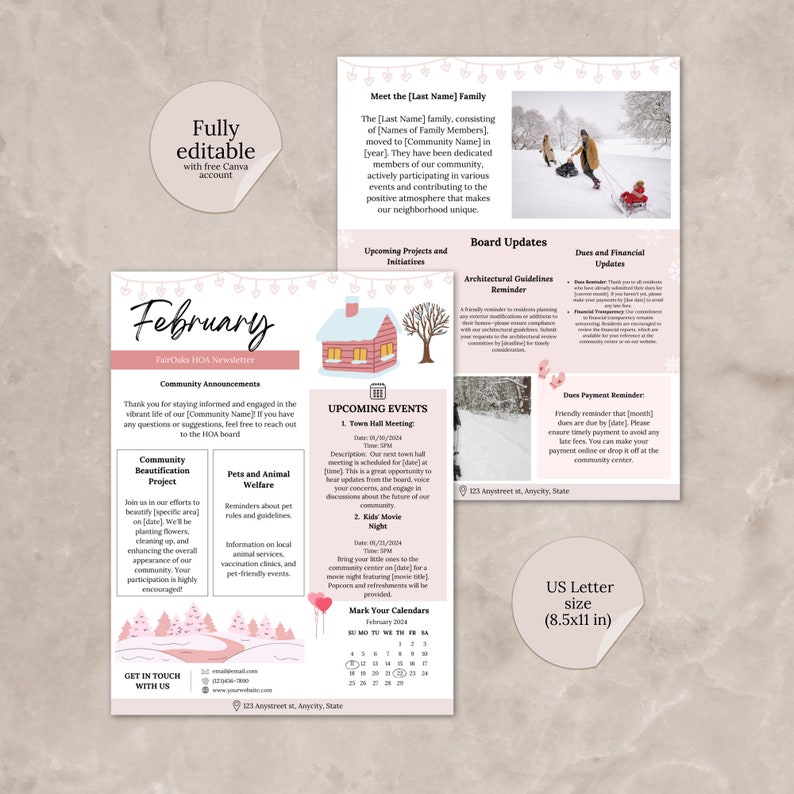 February HOA Newsletter Canva Template, Editable Valentines Month ...