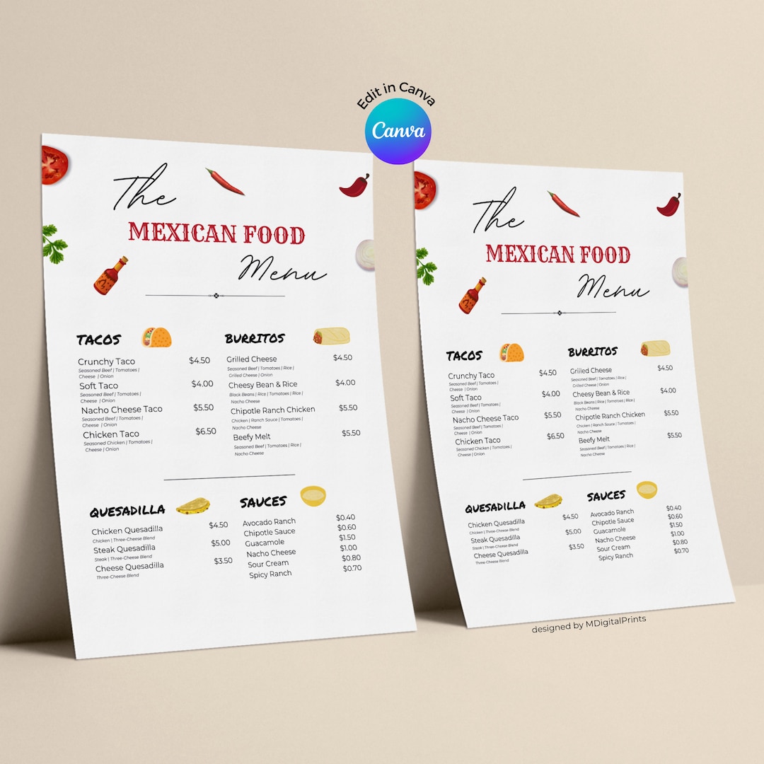 Mexican Food Menu Canva Template, Editable Menu for Mexican Restaurant ...